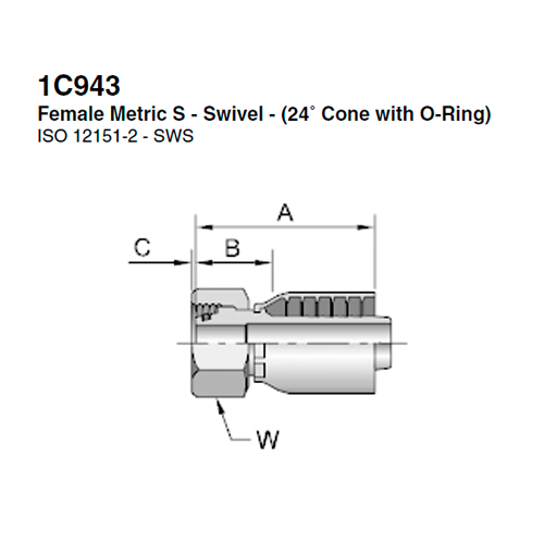 1C943 Female Metric S - Swivel - (24˚ Cone with O-Ring) ISO 12151-2 - SWS